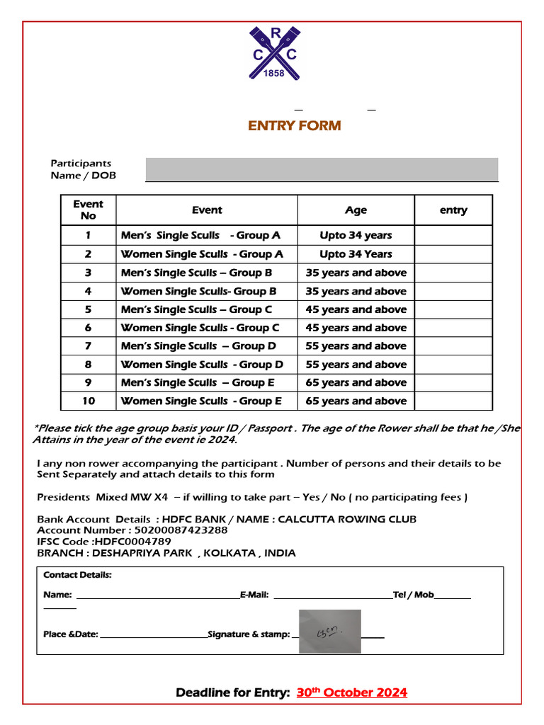 Annex 1 Entry Form Sculls IFR CRC | PDF