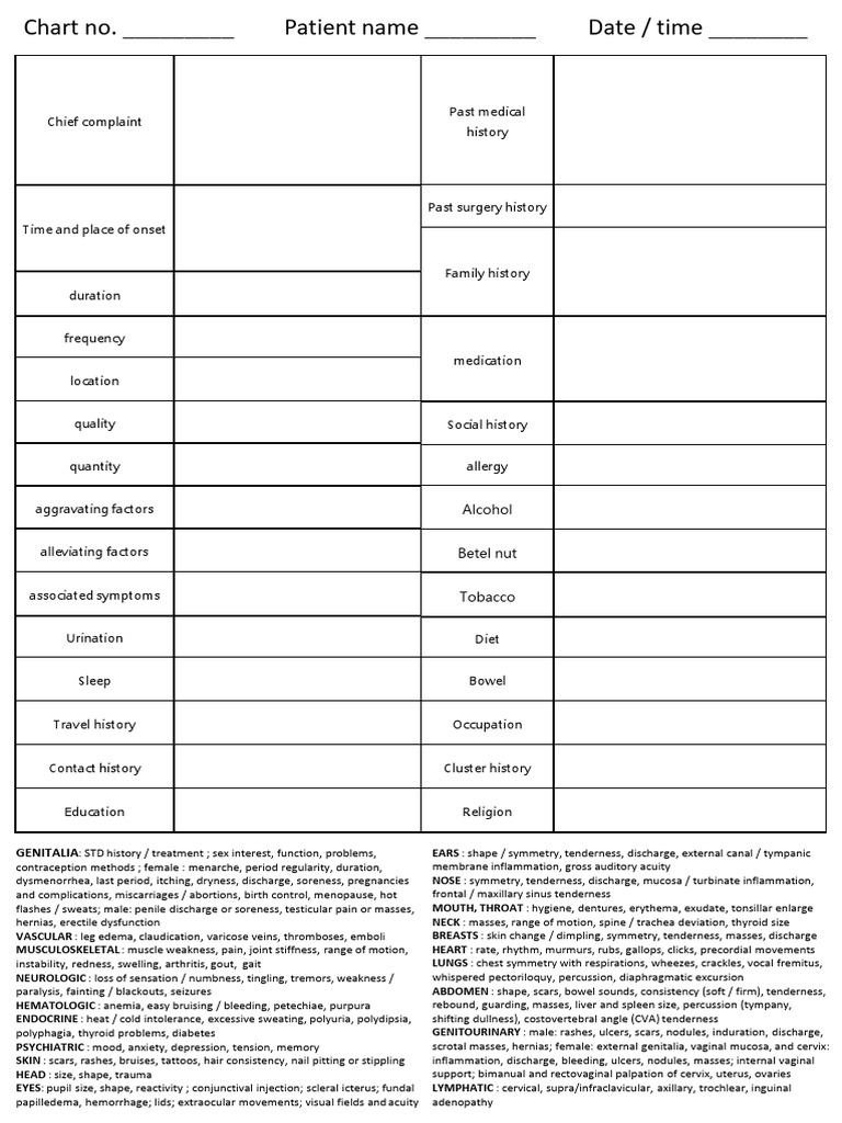 Comprehensive Patient Medical History | PDF | Edema | Pain