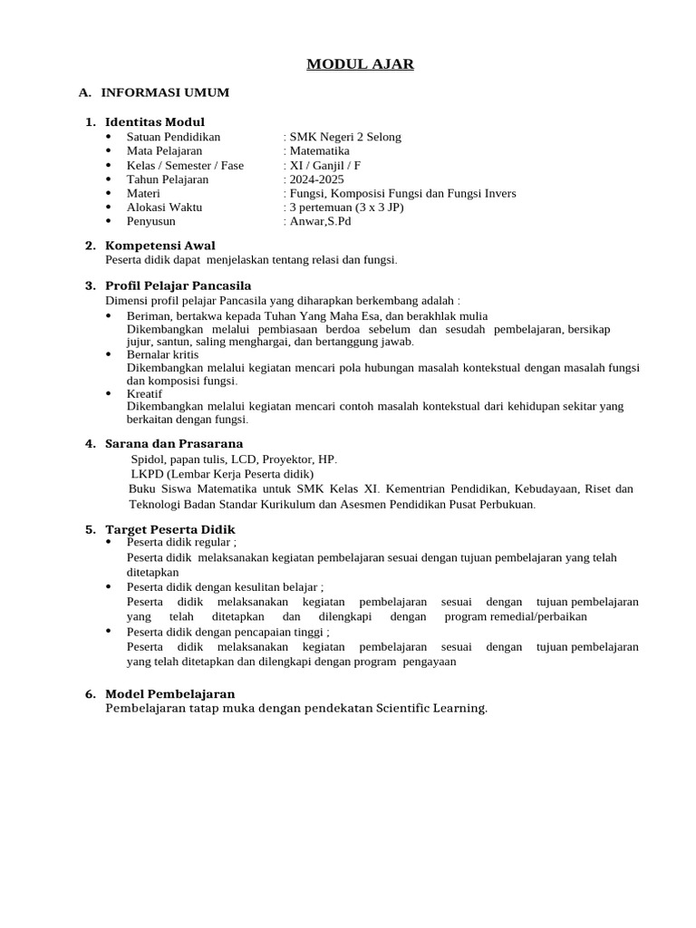 Modul Ajar Fungsi, Komposisi Fungsi Dan Fungsi Invers | PDF Modul Ajar Fungsi, Komposisi Fungsi Dan Fungsi Invers | PDF