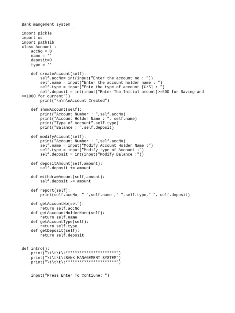 Bank Management System Code Example | PDF | Computer Programming ...