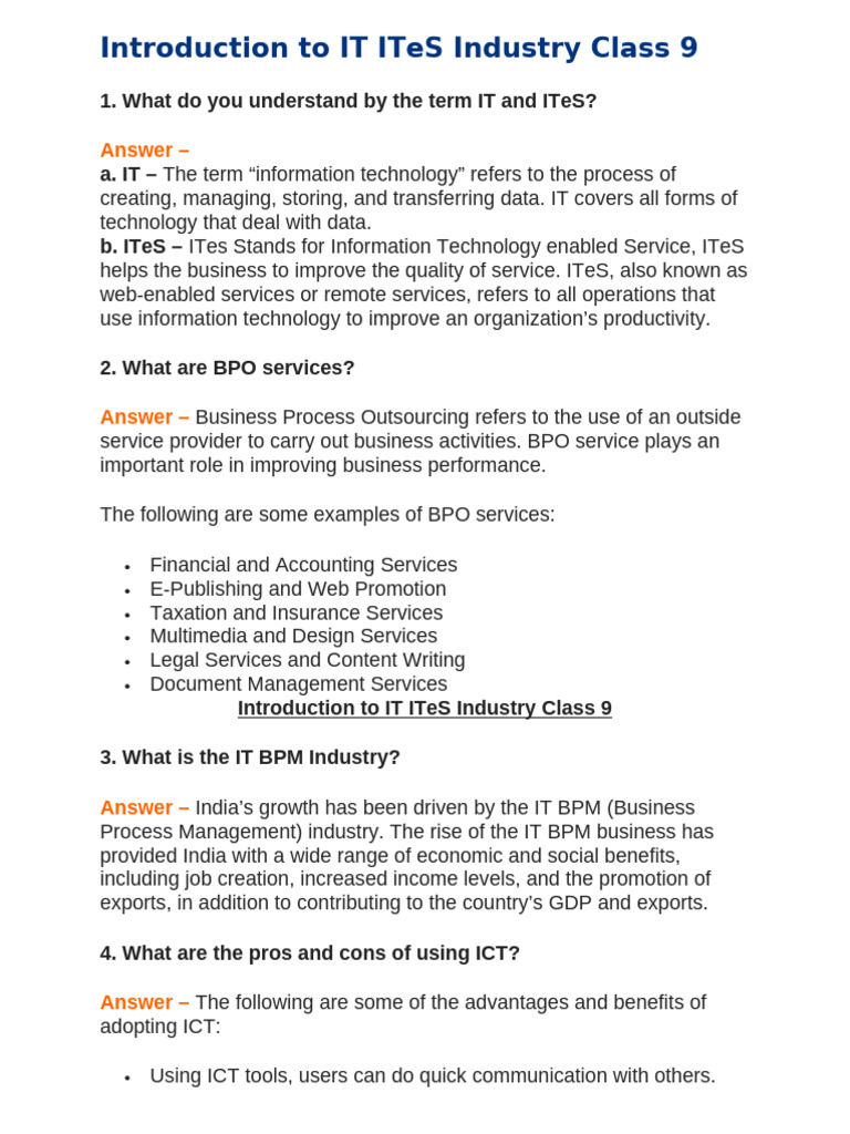 Introduction to IT and ITeS for Class 9 | PDF | Educational Technology ...