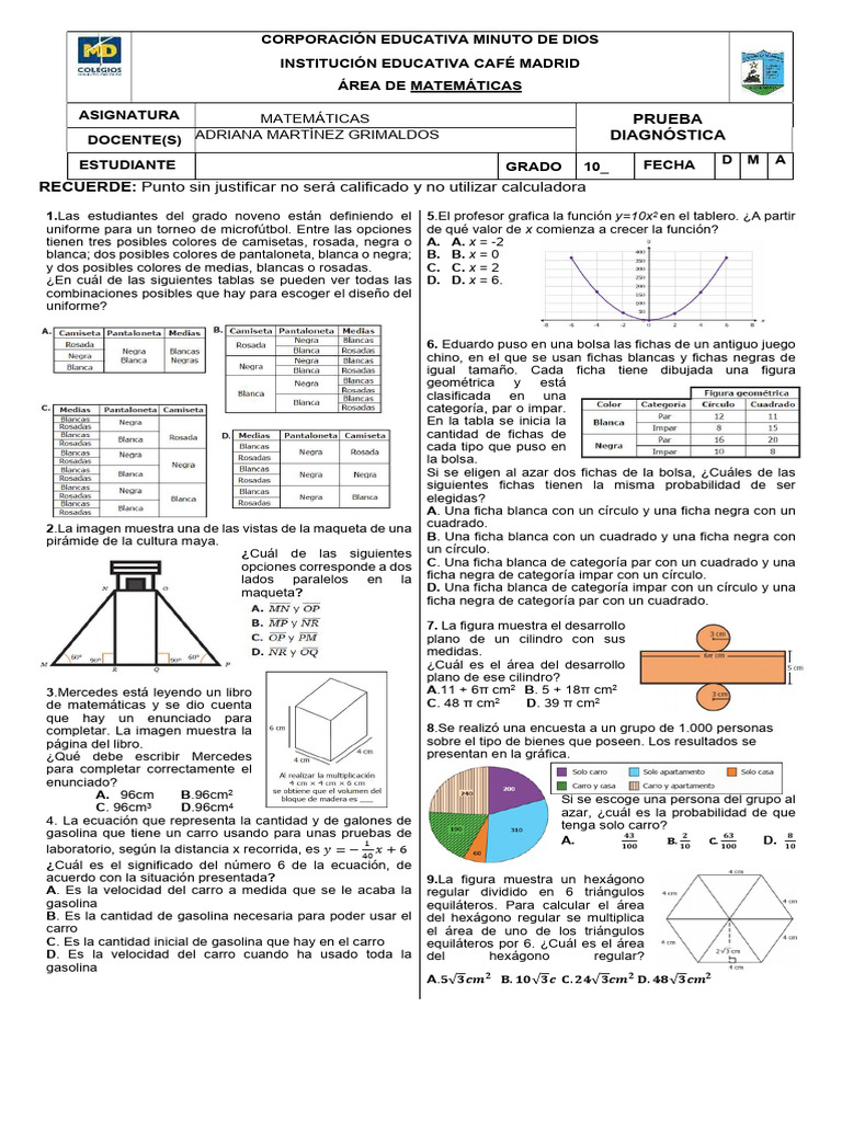 Prueba Diagnóstica de Matemáticas 10° | PDF | Pi | Matemáticas
