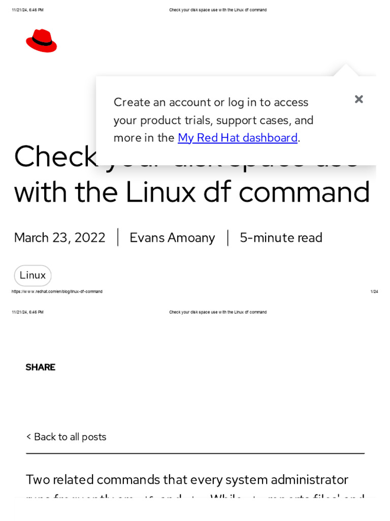 Check Your Disk Space Use With The Linux DF Command | PDF | Computer ... Check Your Disk Space Use With The Linux DF Command | PDF | Computer ...