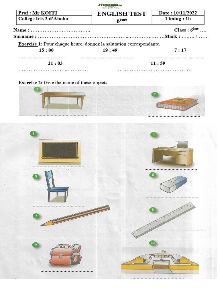 Devoir D'anglais 6ème | PDF