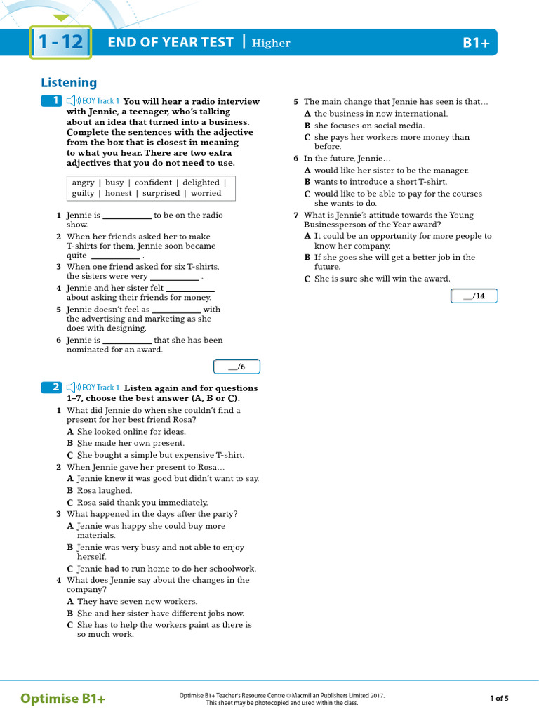 OPT B1plus EOY Test Higher | PDF