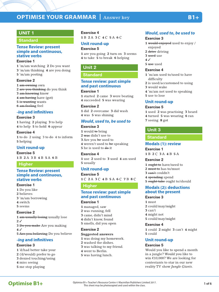 OPT B1plus Grammar Answers | PDF | Grammatical Tense | Grammar