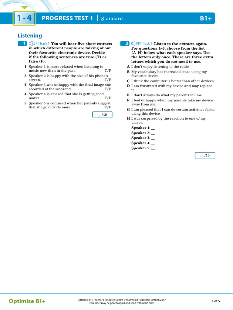 OPT B1plus Progress Test 1 Standard 1 | PDF | You Tube