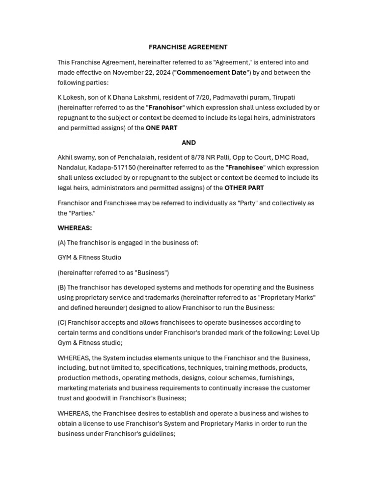 Franchise Agreement for Gym Business | PDF | Franchising | License