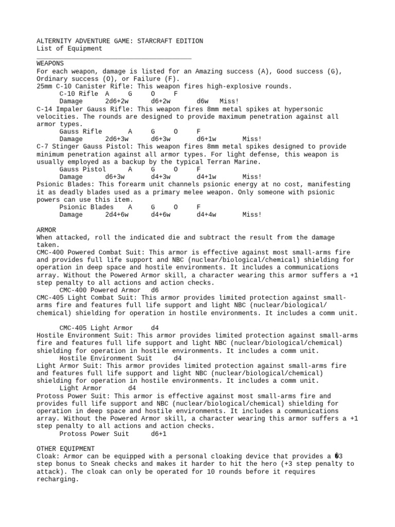 X3.) StarCraft - Alternity RPG - Equipment | PDF | Armour | Military ...