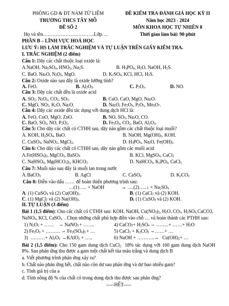 KHTN 8 - ĐỀ 2 | PDF