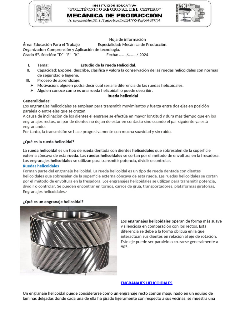 Hoja de Informacion Rueda Helicoida1 | PDF | Engranaje | Eje