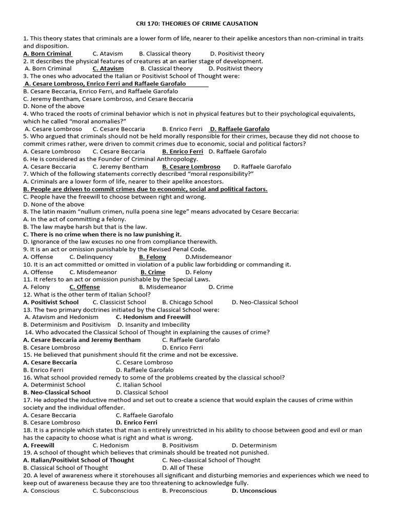 Review Questionnaire Cri 170 | PDF | Theory | Crime & Violence