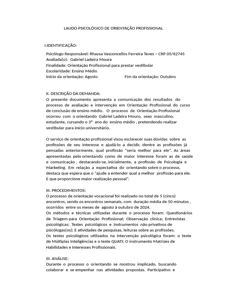 Modelo Laudo Psicológico de Orientação Profissional | PDF | Psicologia ...