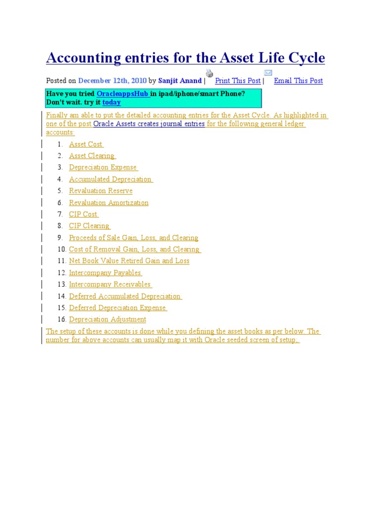 Accounting Entries For The Asset Life Cycle | PDF | Depreciation ...