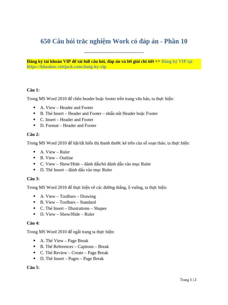 650 Cau Hoi Trac Nghiem Work Co Dap An Phan 10 - 2024 - 11 - 21 | PDF