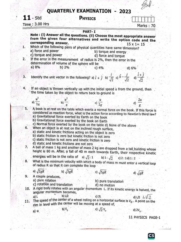 11th Physics EM Quarterly Exam 2023 Original Question Paper Tirupattur District English Medium ...