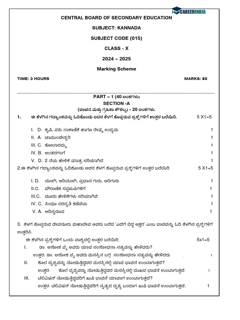 CBSE Class 10 Kannada Marking Scheme Question Paper 2024-25 | PDF