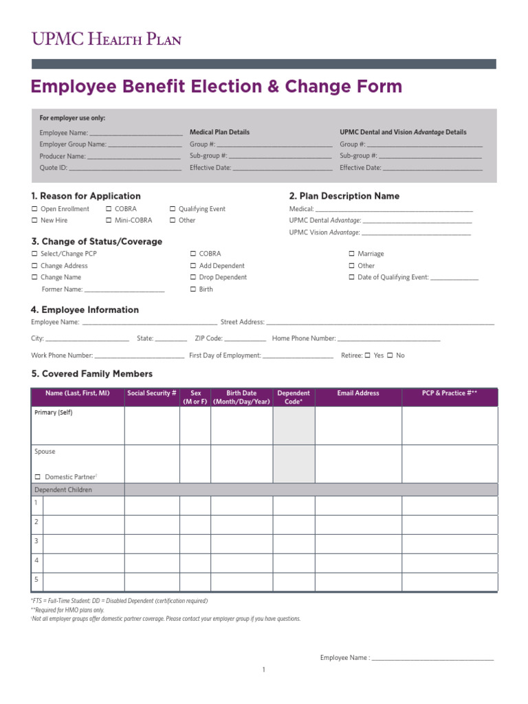 UPMC EnrollementChangeForm | PDF | Consolidated Omnibus Budget ...