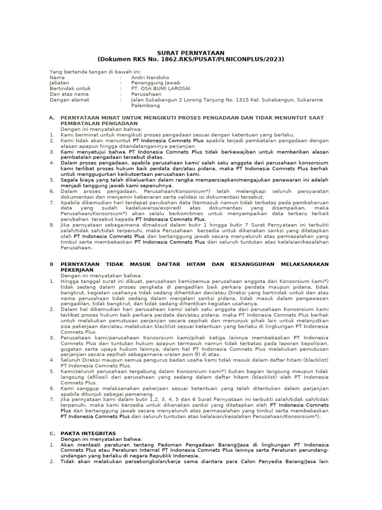 1862 - Lampiran BAP RKS - DOK ADMIN - FORMAT SURAT PERNYATAAN | PDF | Hukum