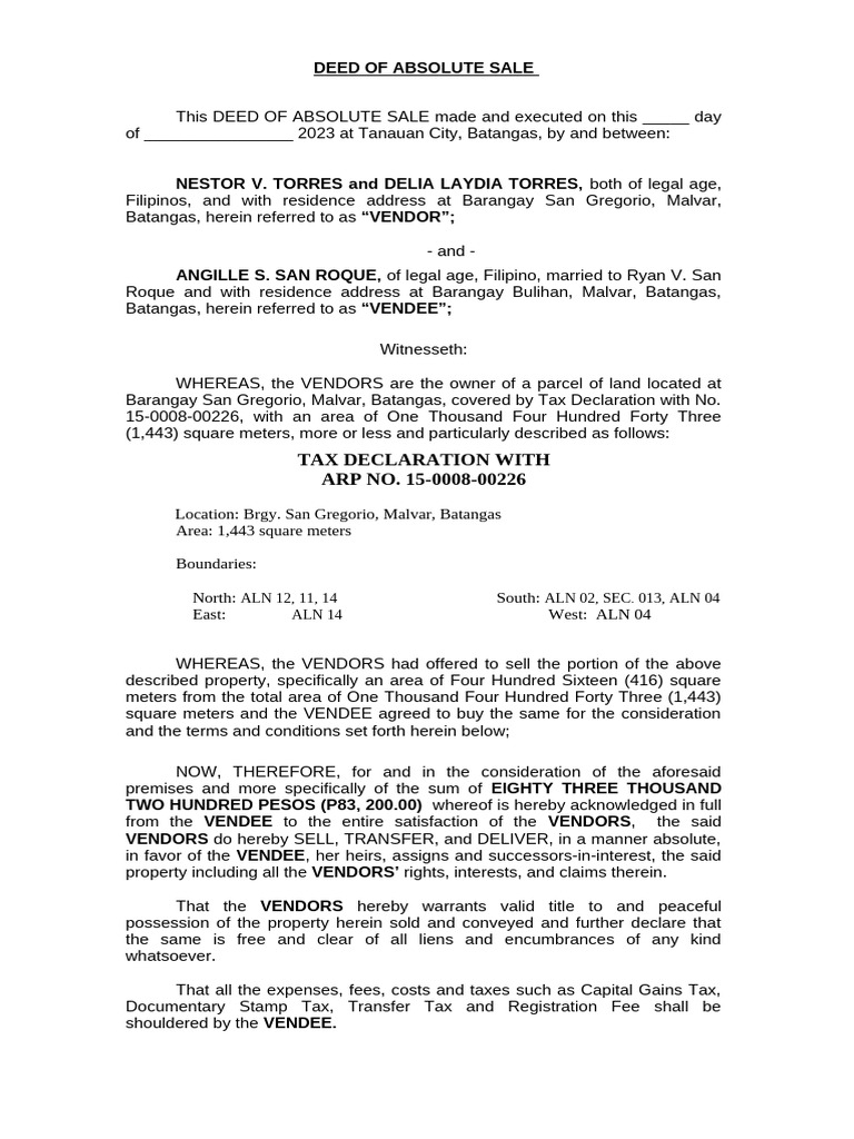 Deed of Absolute Sale - Angille San Roque | PDF | Property Law | Civil Law (Common Law)