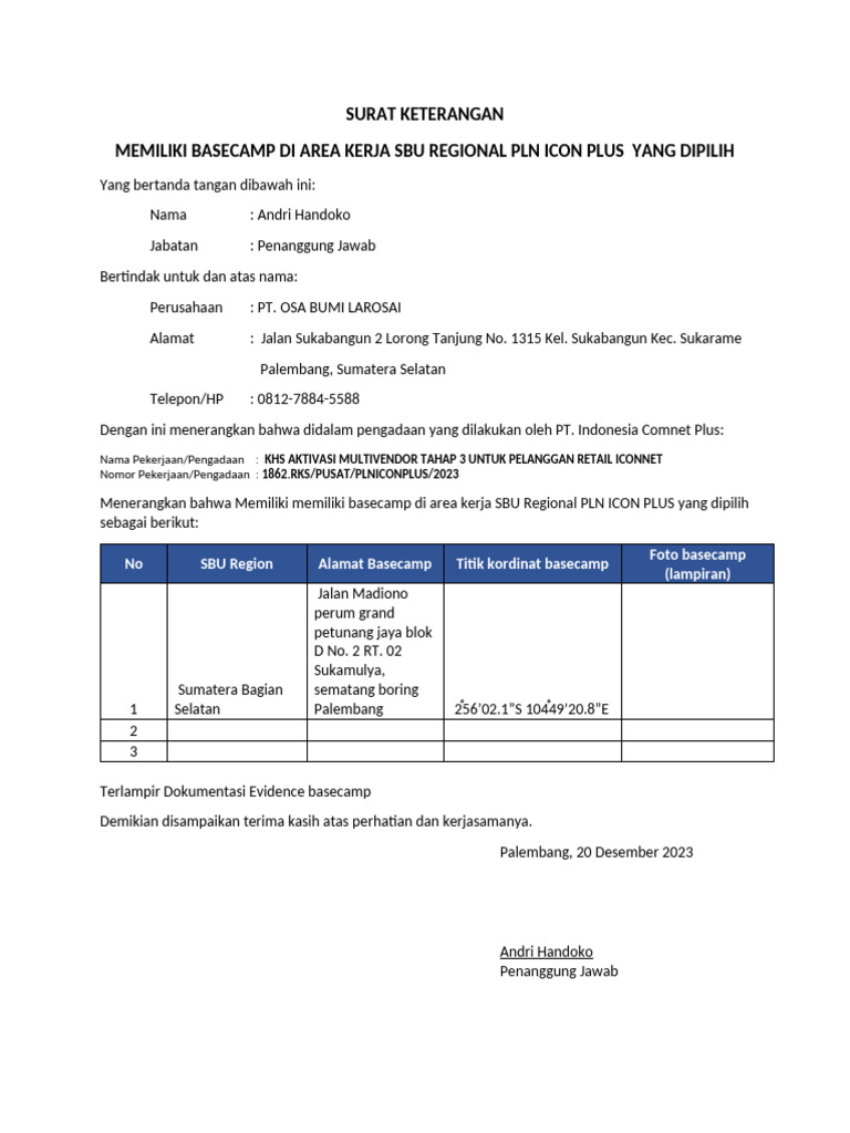 1862 - Lampiran BAP RKS - CONTOH KETERANGAN MEMILIKI BASECAMP DI AREA KERJA SBU YANG DIPILIH | PDF