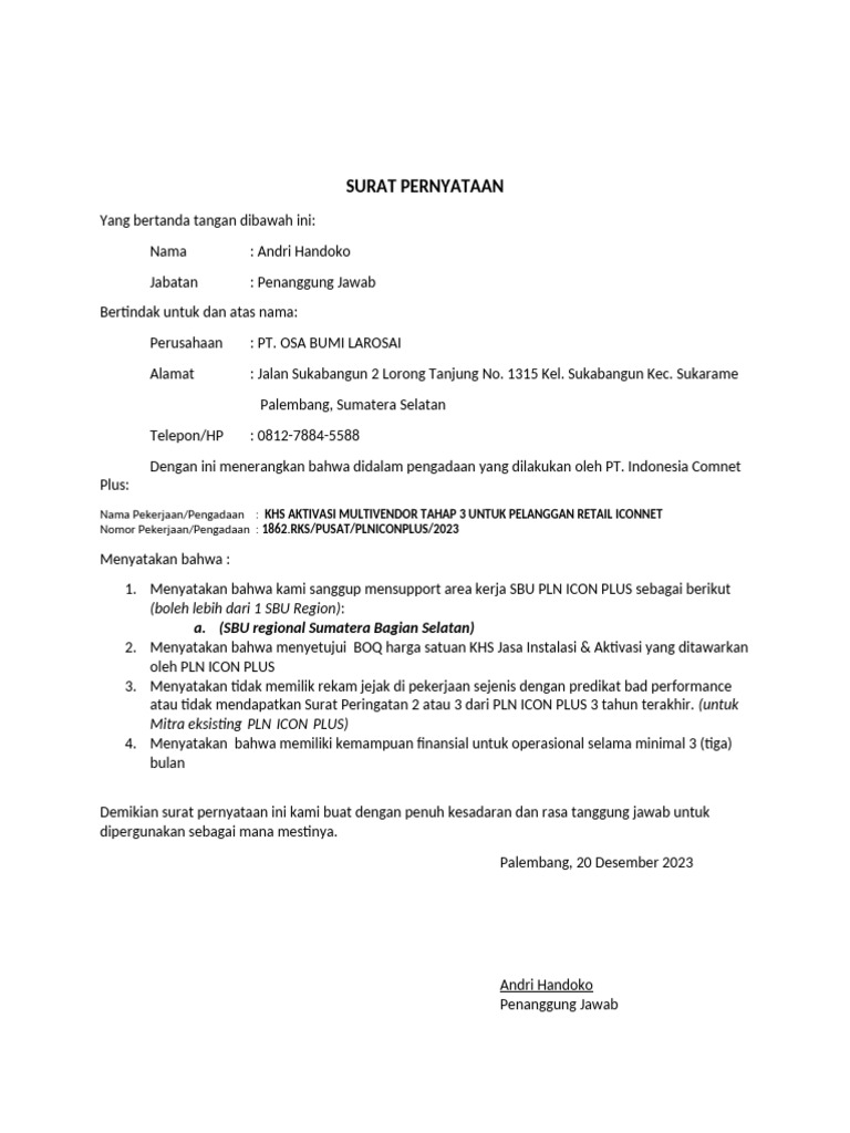 1862 - Lampiran BAP RKS - CONTOH SURAT PERNYATAAN CALON REKANAN | PDF