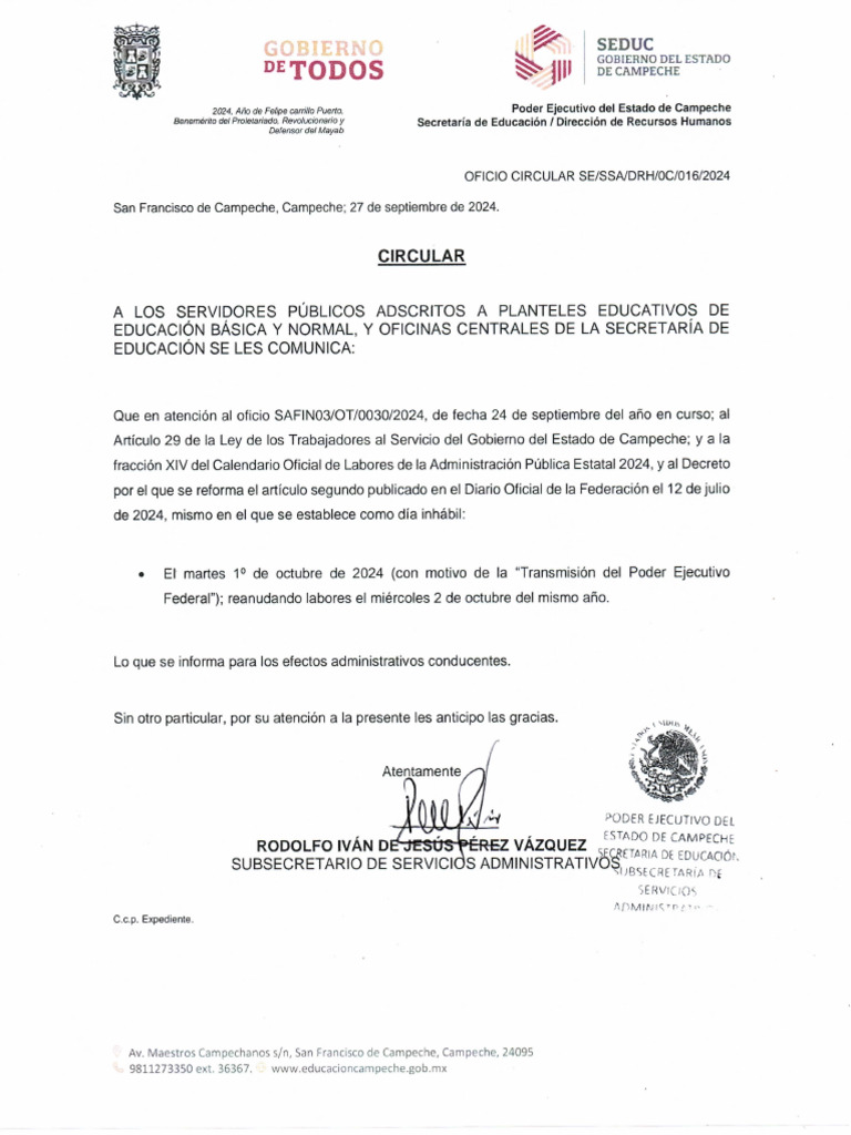 Circular Dia Inhabil 1 Octubre | PDF