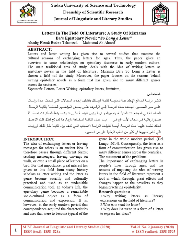 Letters in The Field of Literature A Study of Mariama Ba's Epistolary ...