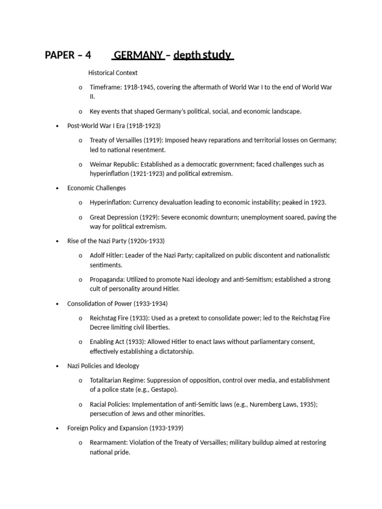 Germany Depth Study Notes | PDF | Weimar Republic | Nazi Germany