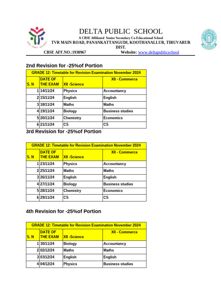 G - XII Revision Examination Timetable | PDF | Educational Stages ...