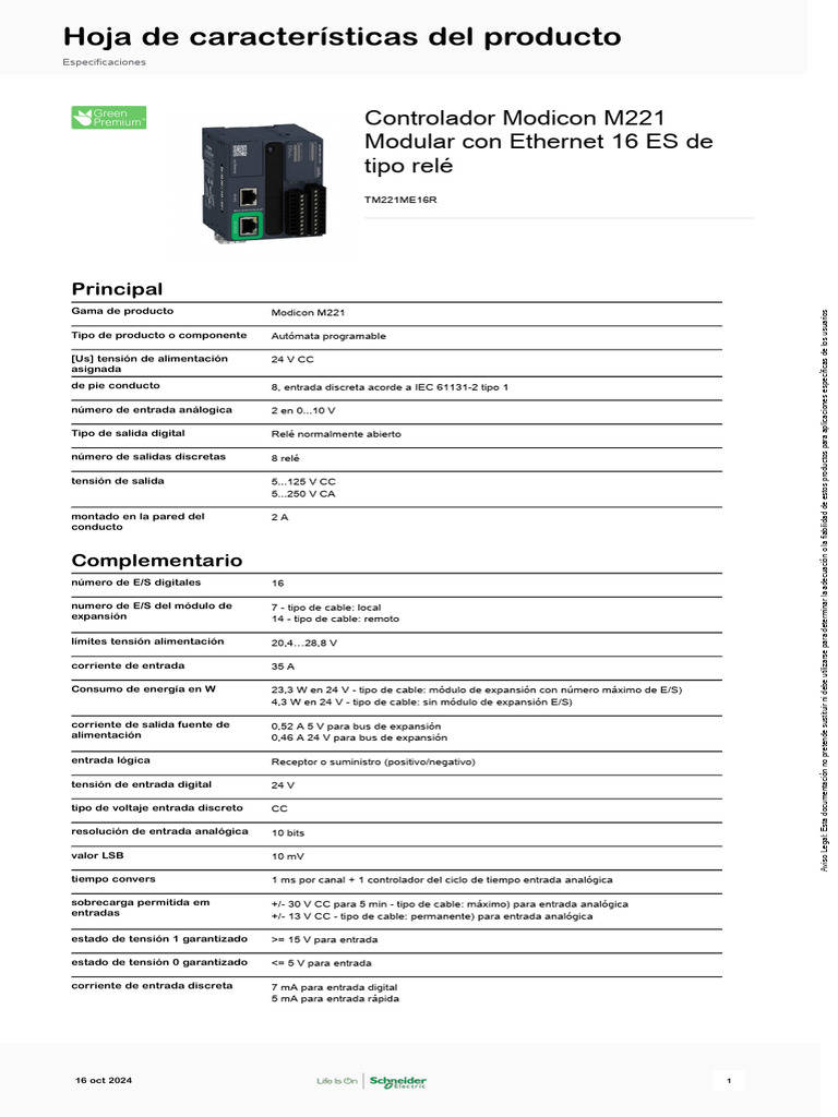 Schneider Electric - Modicon-M221 - TM221ME16R | PDF | Relé | Corriente continua