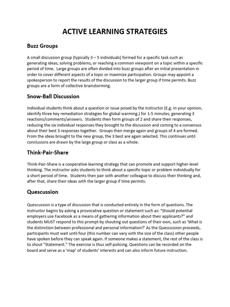 Active Learning Strategies Overview | PDF | Brainstorming | Cognition