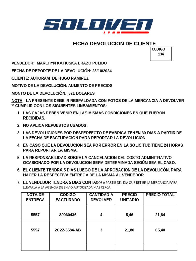 Ficha de Devolucion Auto Ram | PDF