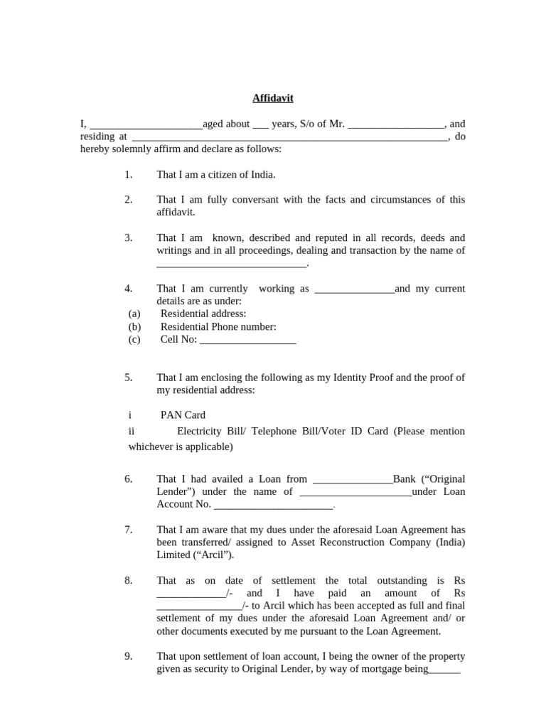 Affidavit Format-30.07.13 | PDF | Loans | Affidavit