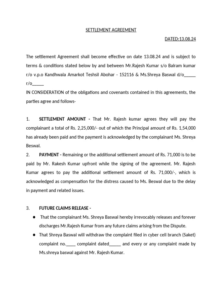 SETTLEMENT AGREEMENT | PDF | Business Law | Civil Law (Legal System)