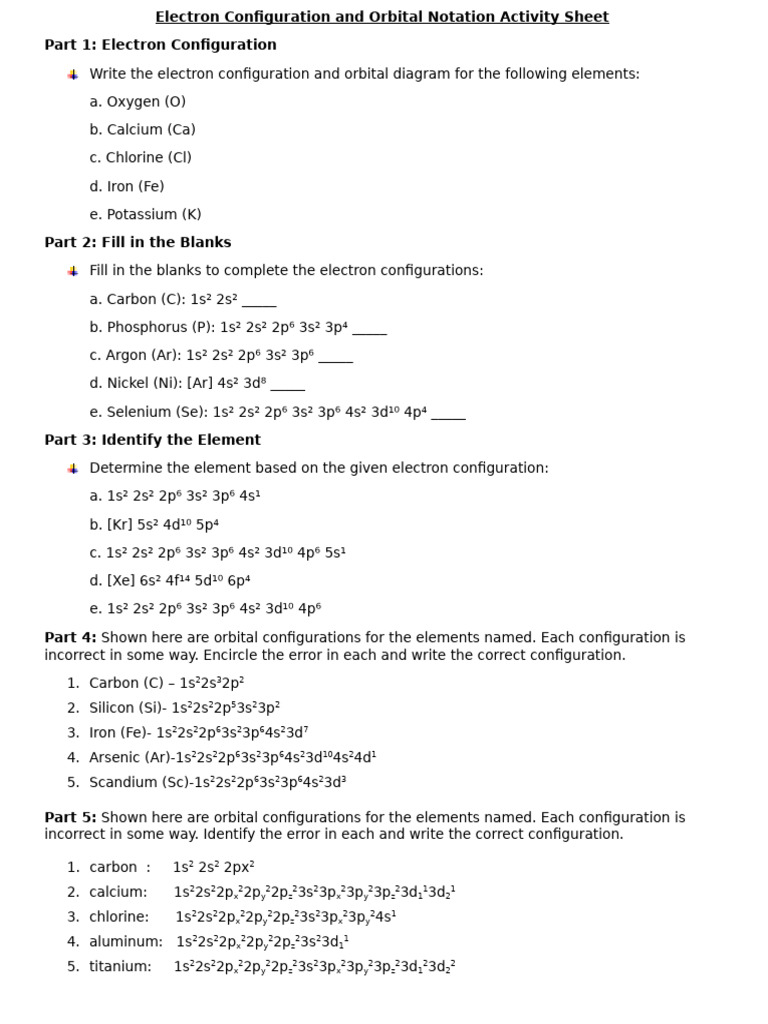 Electron Configuration and Orbital Notation Activity Sheet | PDF