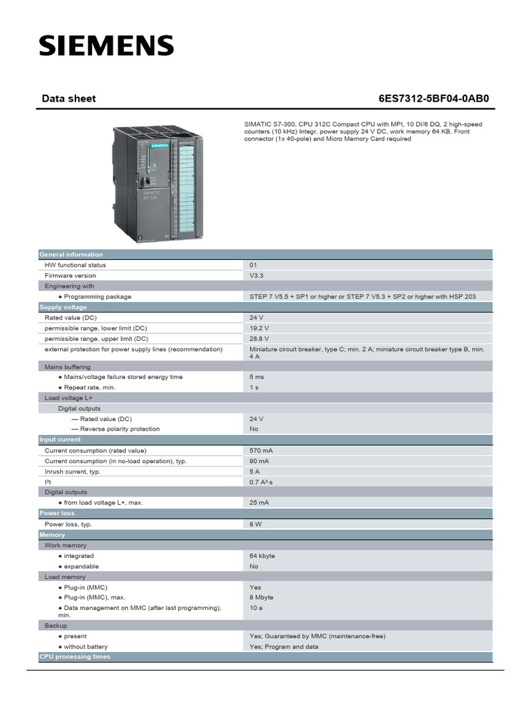 Data Sheet 6ES7312-5BF04-0AB0: General Information | PDF | Power Supply ...