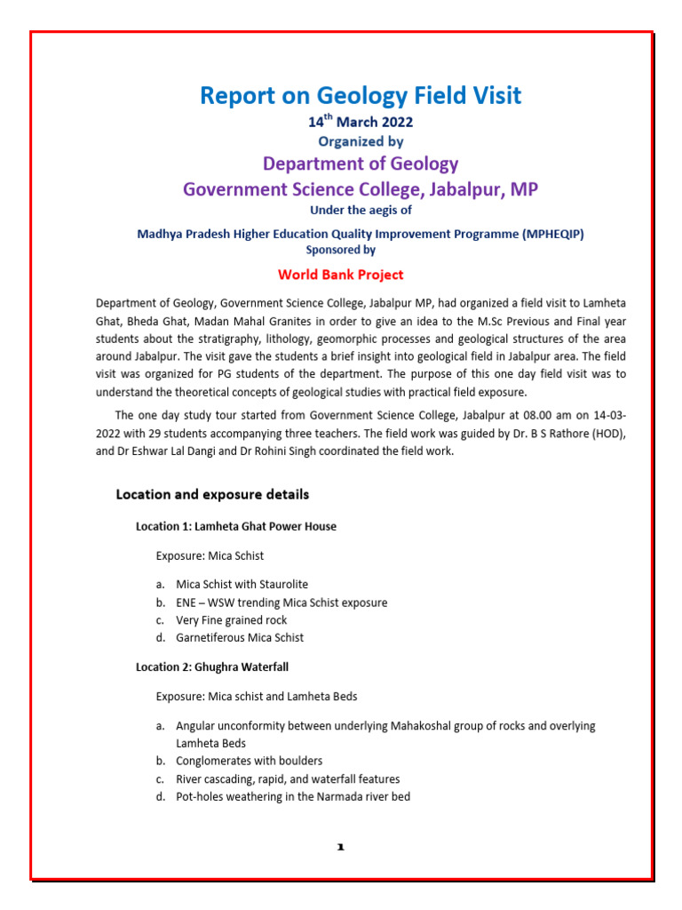 Geology Field Visit Report: Jabalpur Insights | PDF | Granite | Rocks