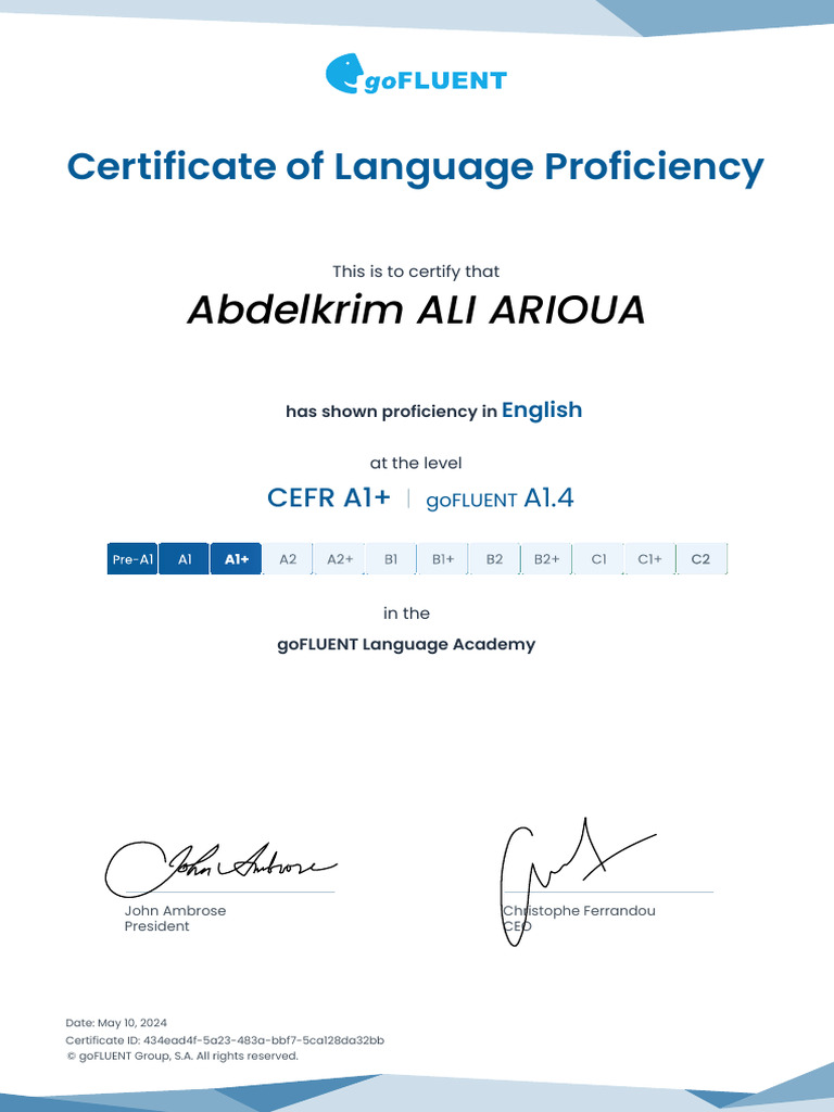 Abdelkrim ALI ARIOUA - Certificate of Language Proficiency | PDF