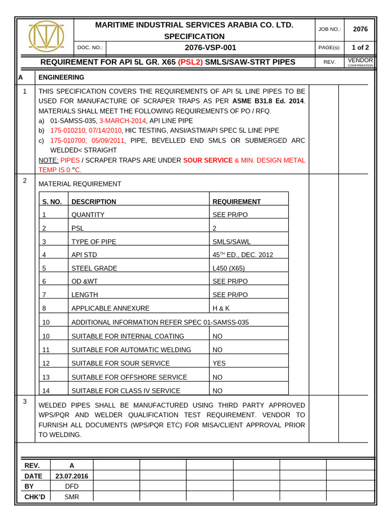2076-Vsp-001 - Rev A (API 5l x65 Pipes) | PDF | Pipe (Fluid Conveyance ...