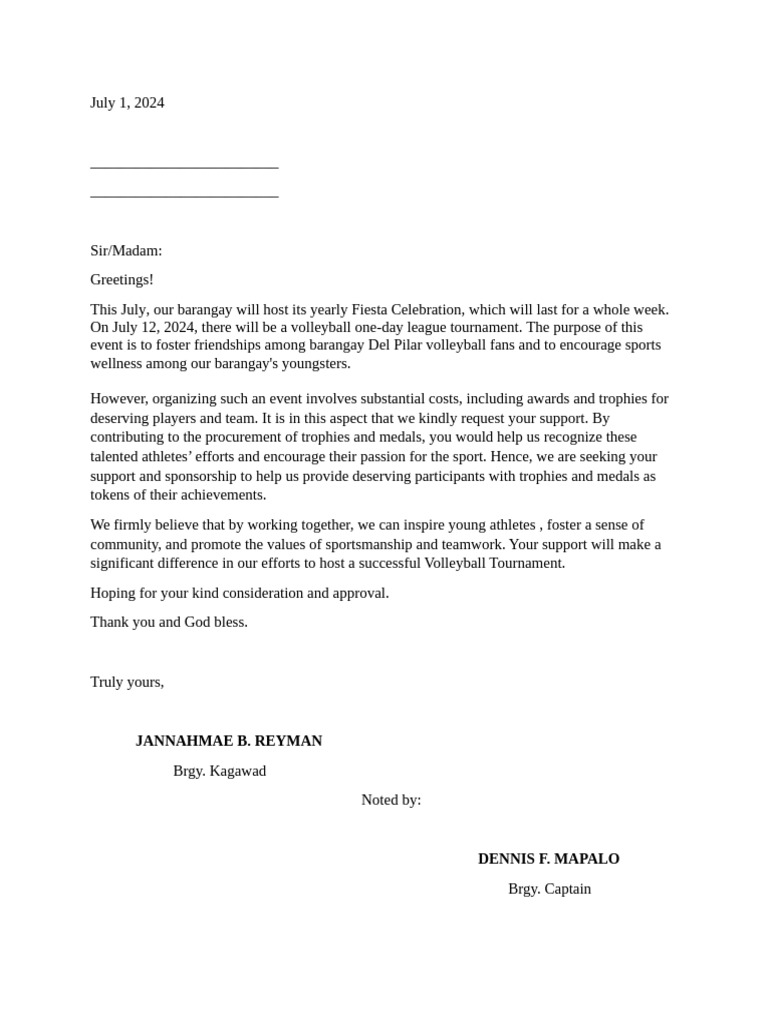 Solicitation Letter Volleyball League | PDF