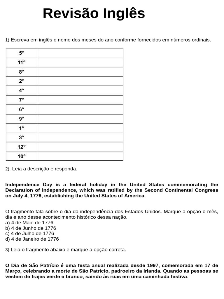 Revisão de Datas e Profissões em Inglês | PDF | Turismo