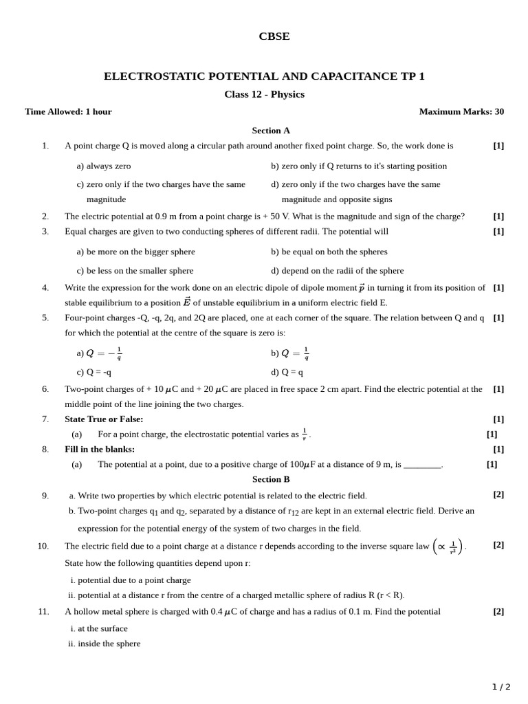 Electrostatic Potential & Capacitance Exam TP1 | PDF | Electric Field | Capacitance