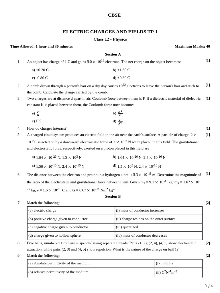 Class 12 Physics: Charge & Fields | PDF | Electric Charge | Force