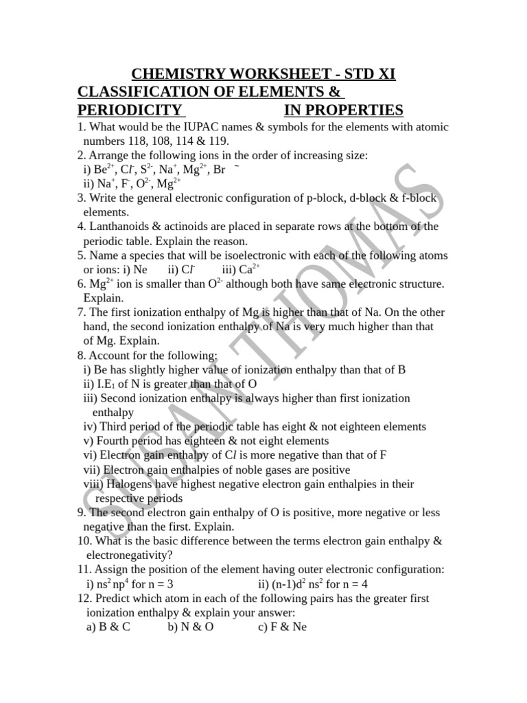 Classification of Elements-WORKSHEET | PDF | Periodic Table | Ion