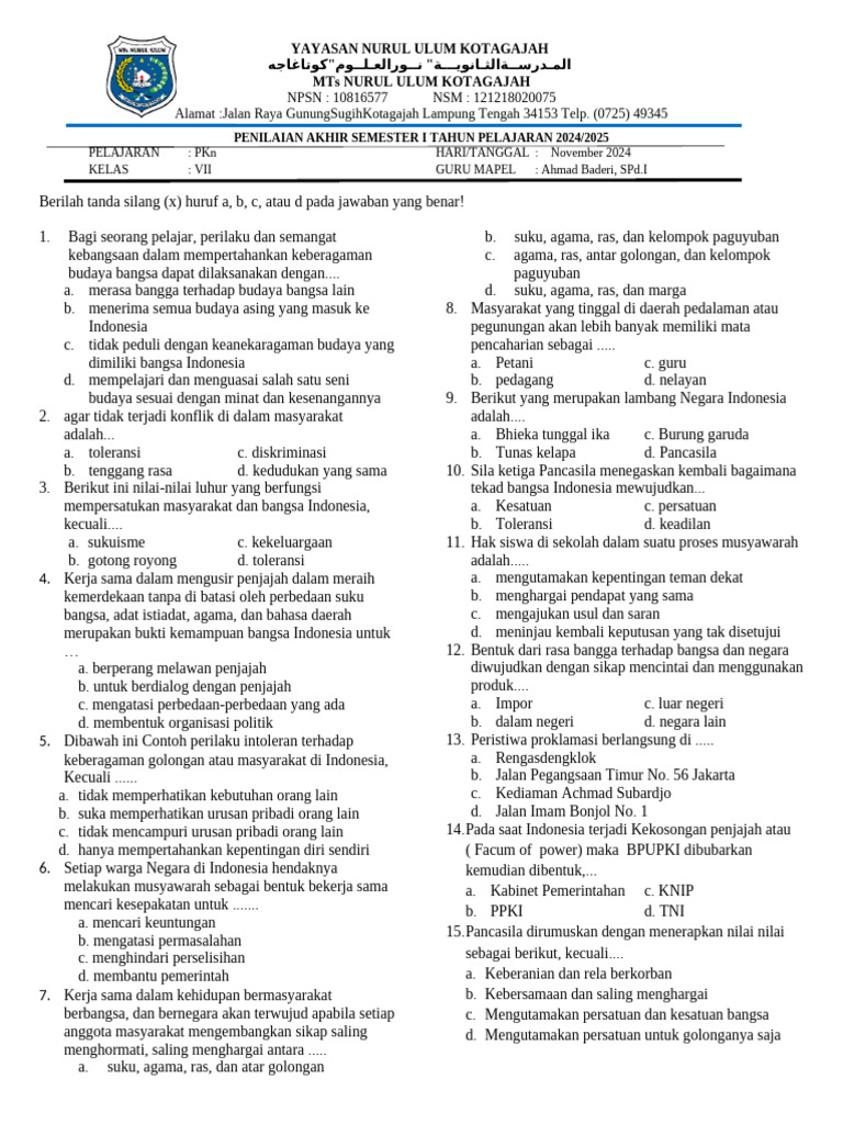 Soal SAS I PKN VII 2024 2025 | PDF | Ilmu Sosial