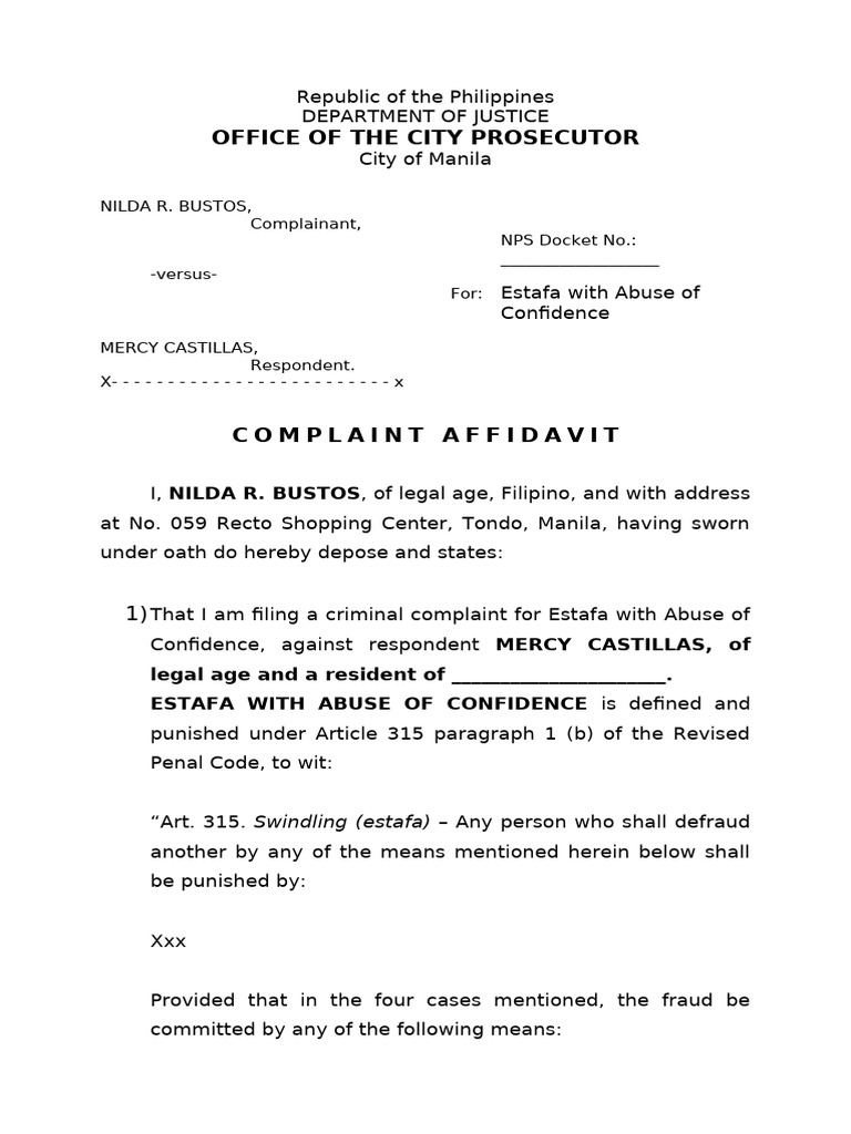Complaint Affidavit NILDA BUSTOS Estafa Abuse of Confidence | PDF | Affidavit | Fraud