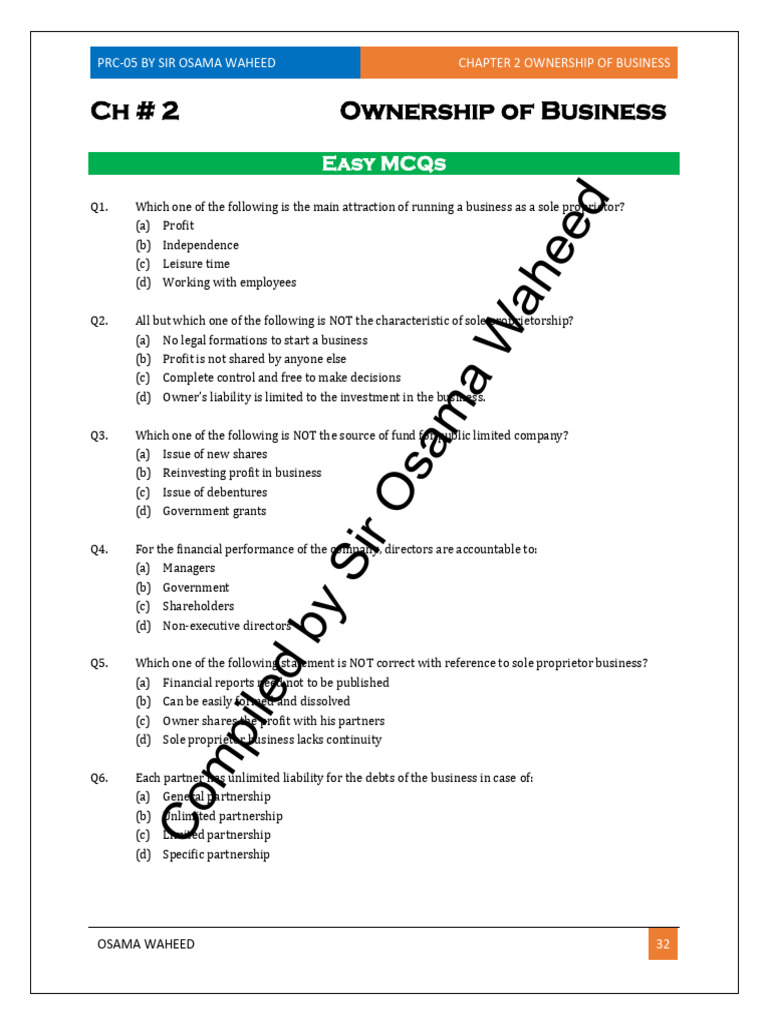 PRC 5 MCQs CH 2 Complete | PDF | Partnership | Sole Proprietorship