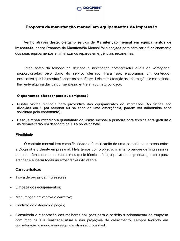 Proposta de Manutenção Mensal de Impressoras | PDF | Computadores