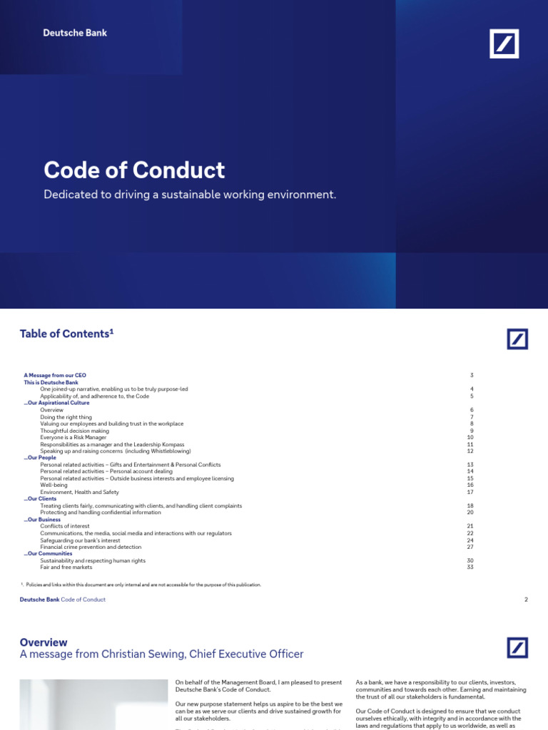 Deutsche Bank Code of Conduct Overview | PDF | Risk | Banks